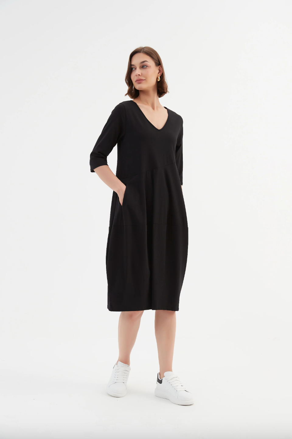 Tirelli V Neck Diagonal Seam Dress - Black | Shop @mookah.com.au – Mookah